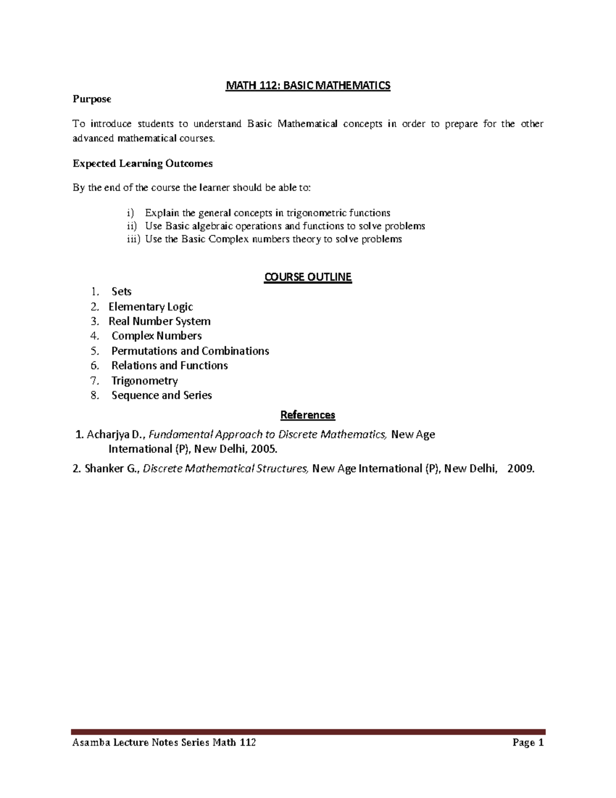 MATH 112 Notes - MATH 112: BASIC MATHEMATICS Purpose To introduce ...