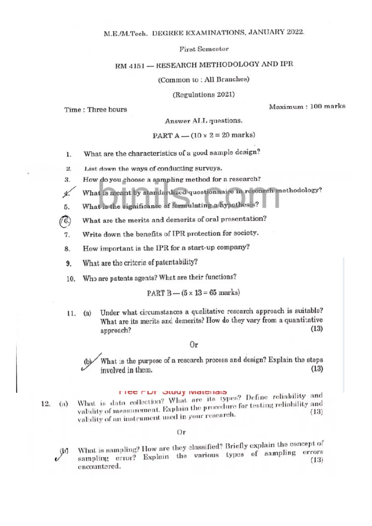 RM4151 - Research Methodology AND IPR - DEGREE EXAMINATIONS, JANUARY 2022. First Semester RM ...