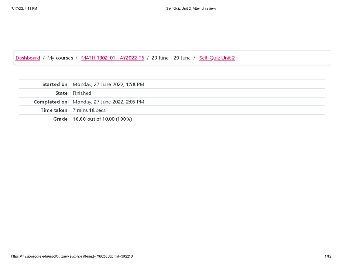 Self-Quiz Unit 2 Attempt review 1 - Started on Monday, 27 June 2022, 1:58 PM State Finished ...