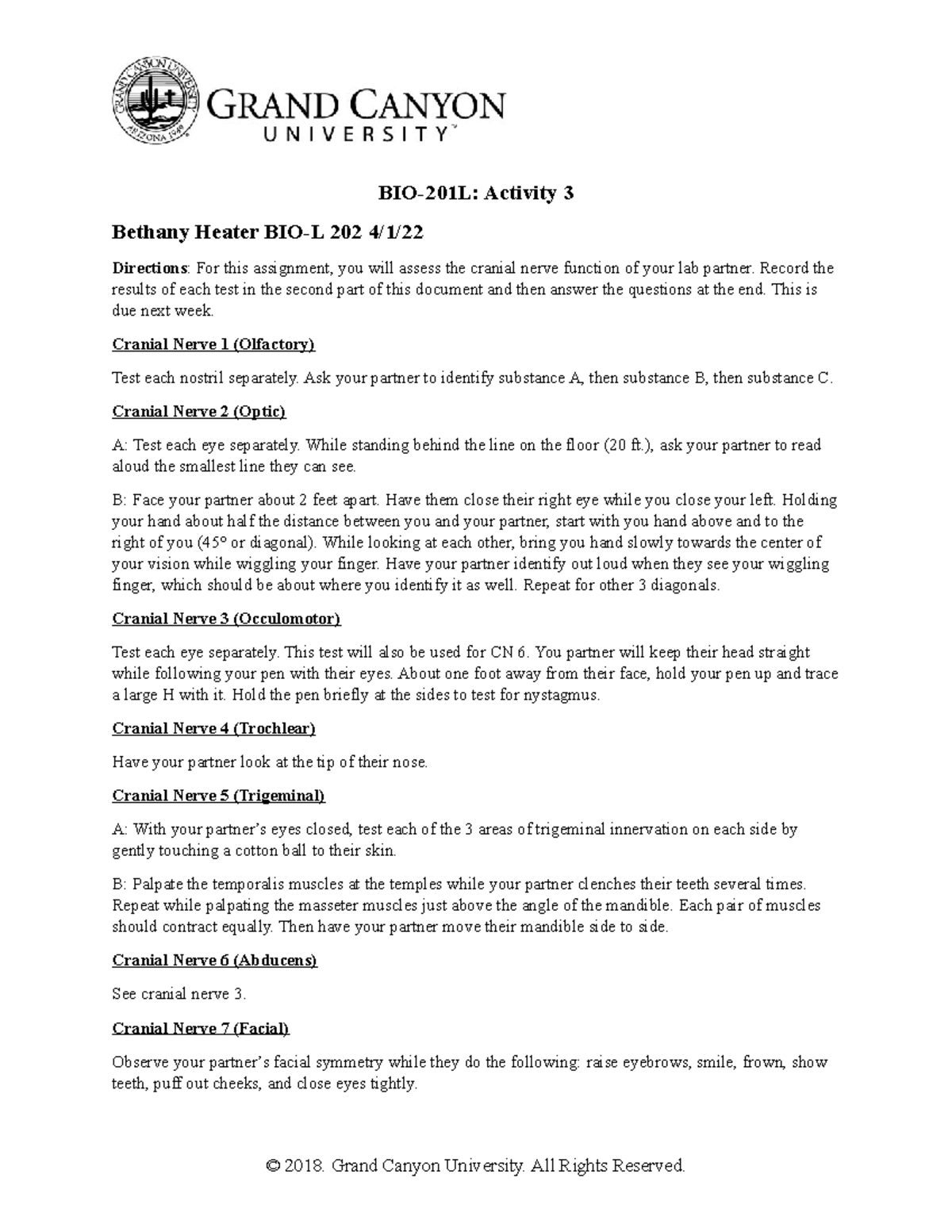 BIO-201L - Activity 3 - BIO-201L: Activity 3 Bethany Heater BIO-L 202 4 ...