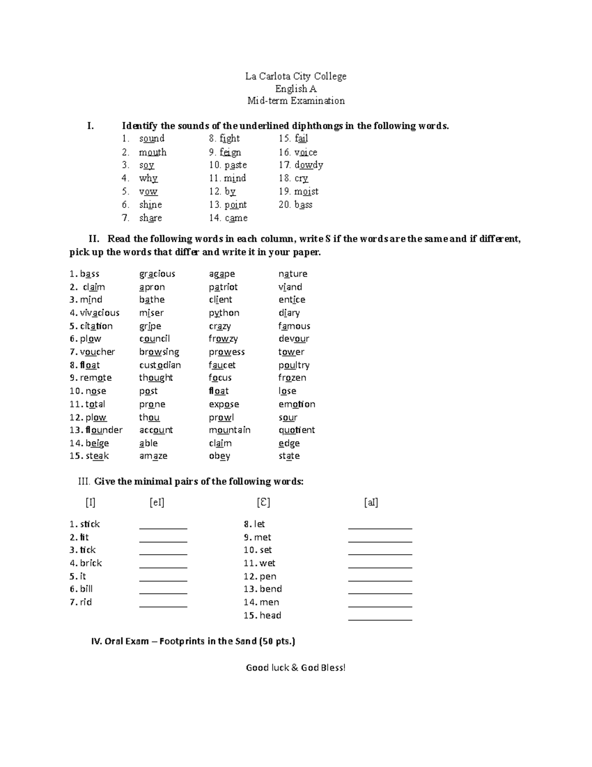 Midterm exam set a english - La Carlota City College English A Mid-term ...