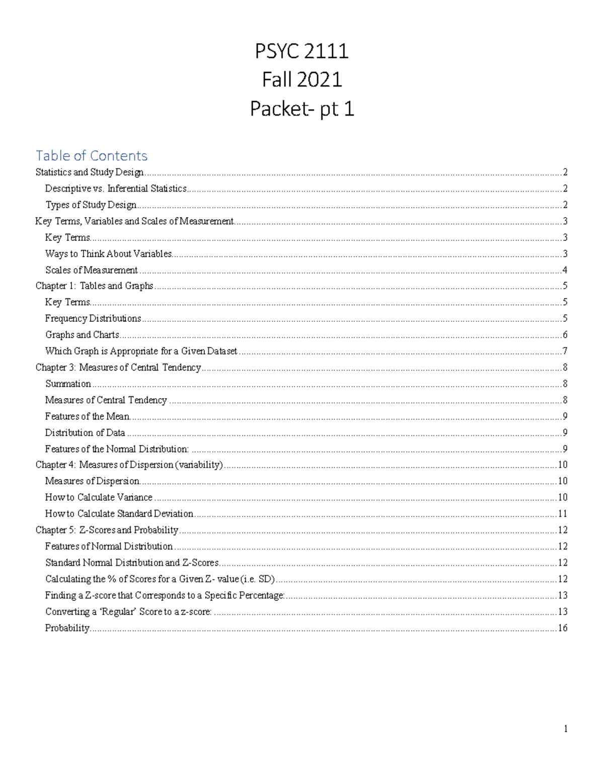 Packet 1 - Table of Contents - PSYC - Fall - Packet- pt Statistics and ...