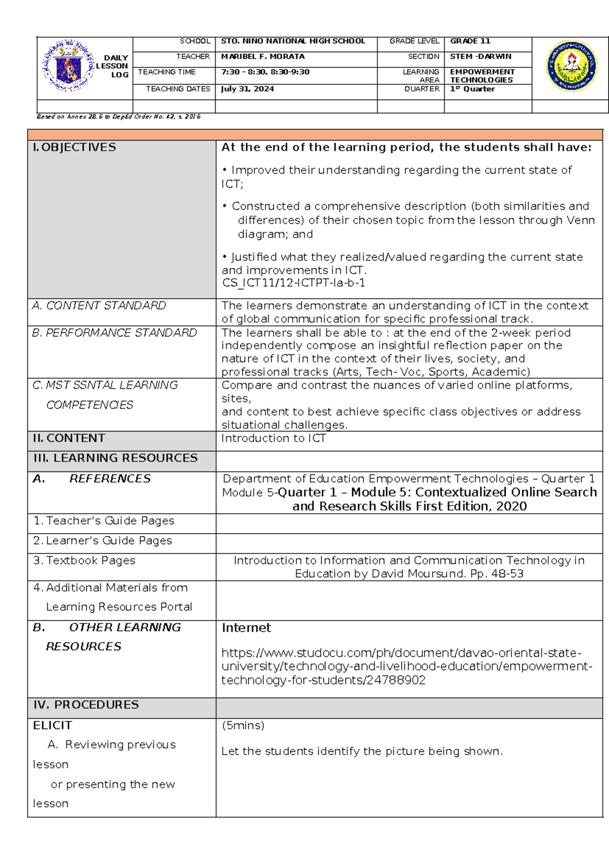 Lesson Plan-ICT PART 1 - DAILY LESSON LOG SCHOOL STO. NINO NATIONAL ...