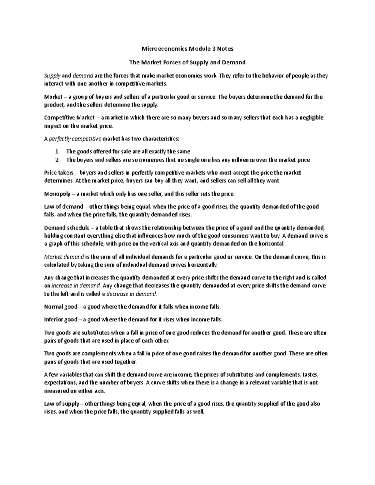 Module Three Notes - Microeconomics Module 3 Notes The Market Forces of ...
