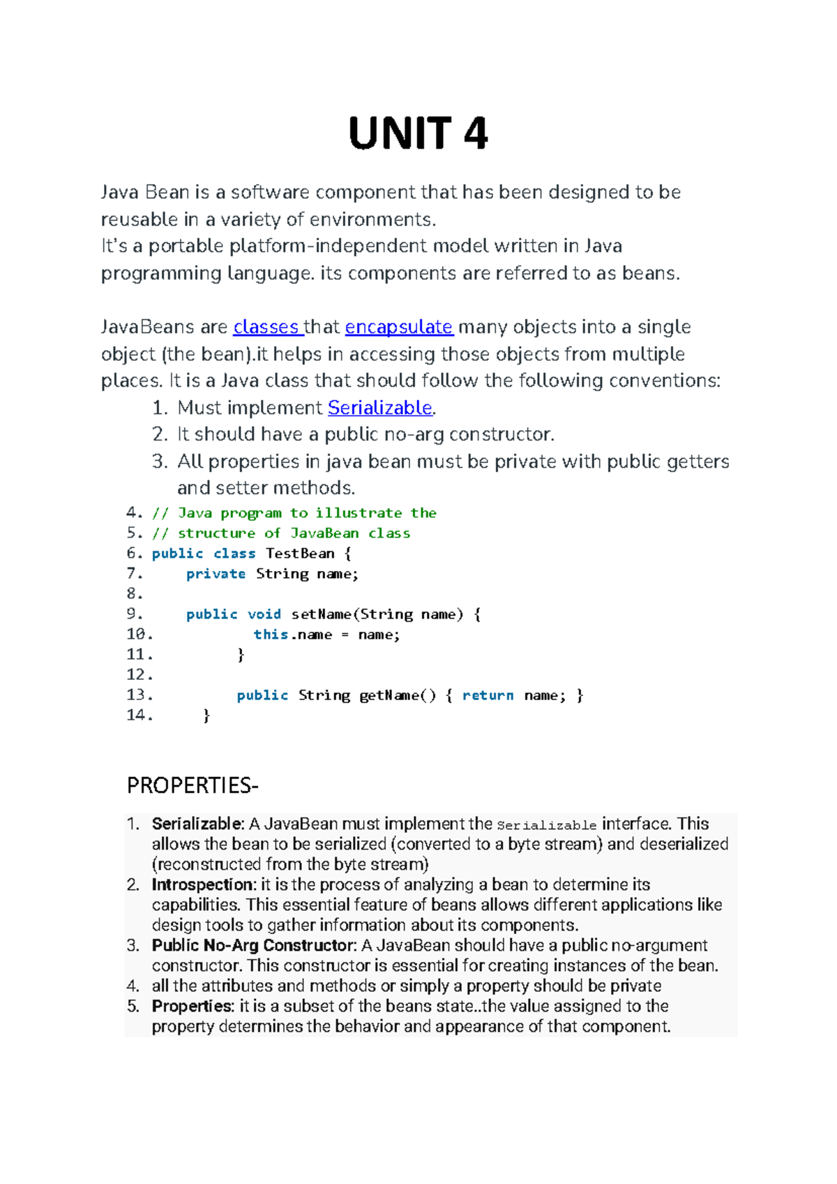 UNIT 4 - UNIT 4 Java Bean is a software component that has been designed to be reusable in a ...