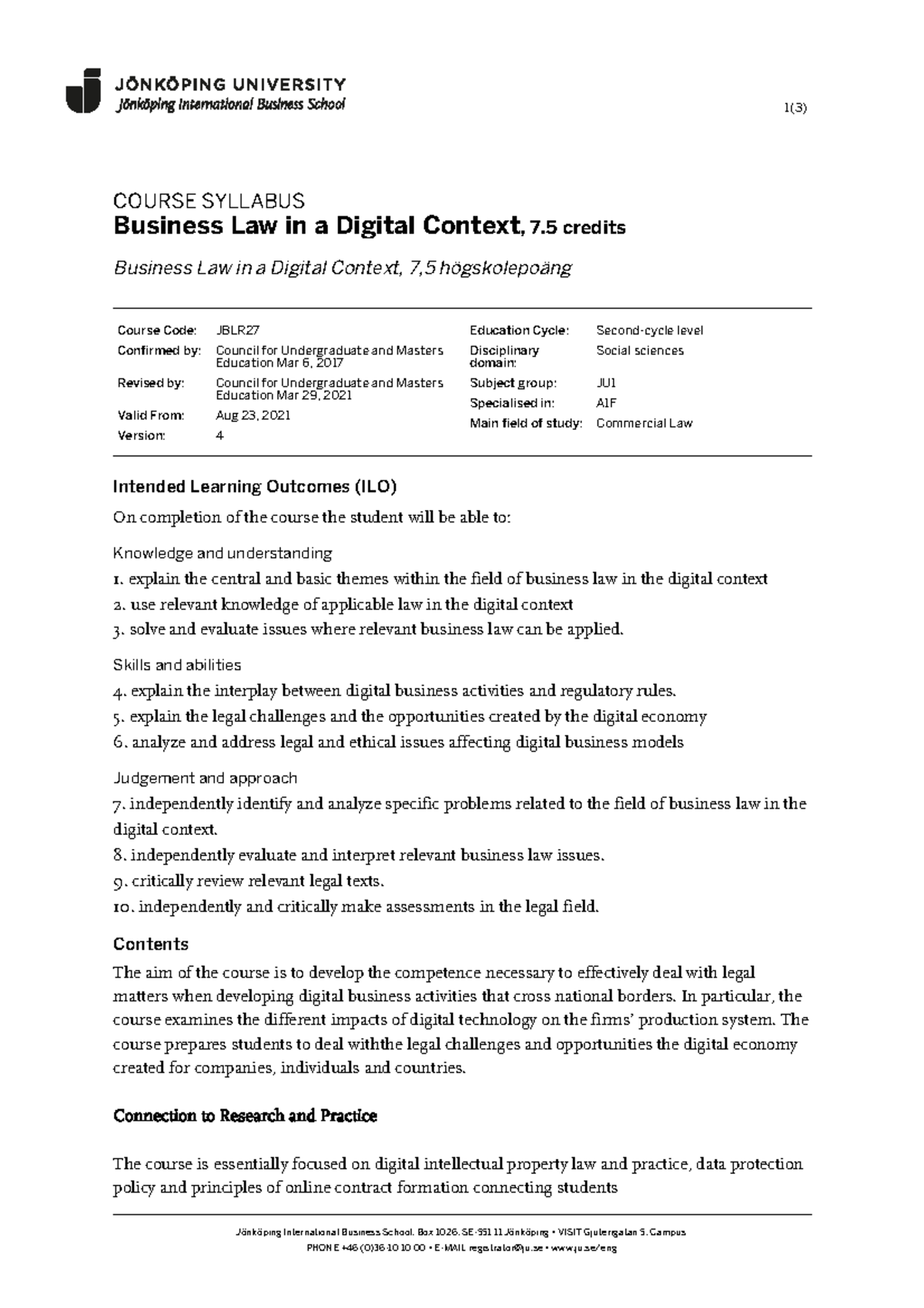 Syllabus Business Law - COURSE SYLLABUS Business Law in a Digital ...