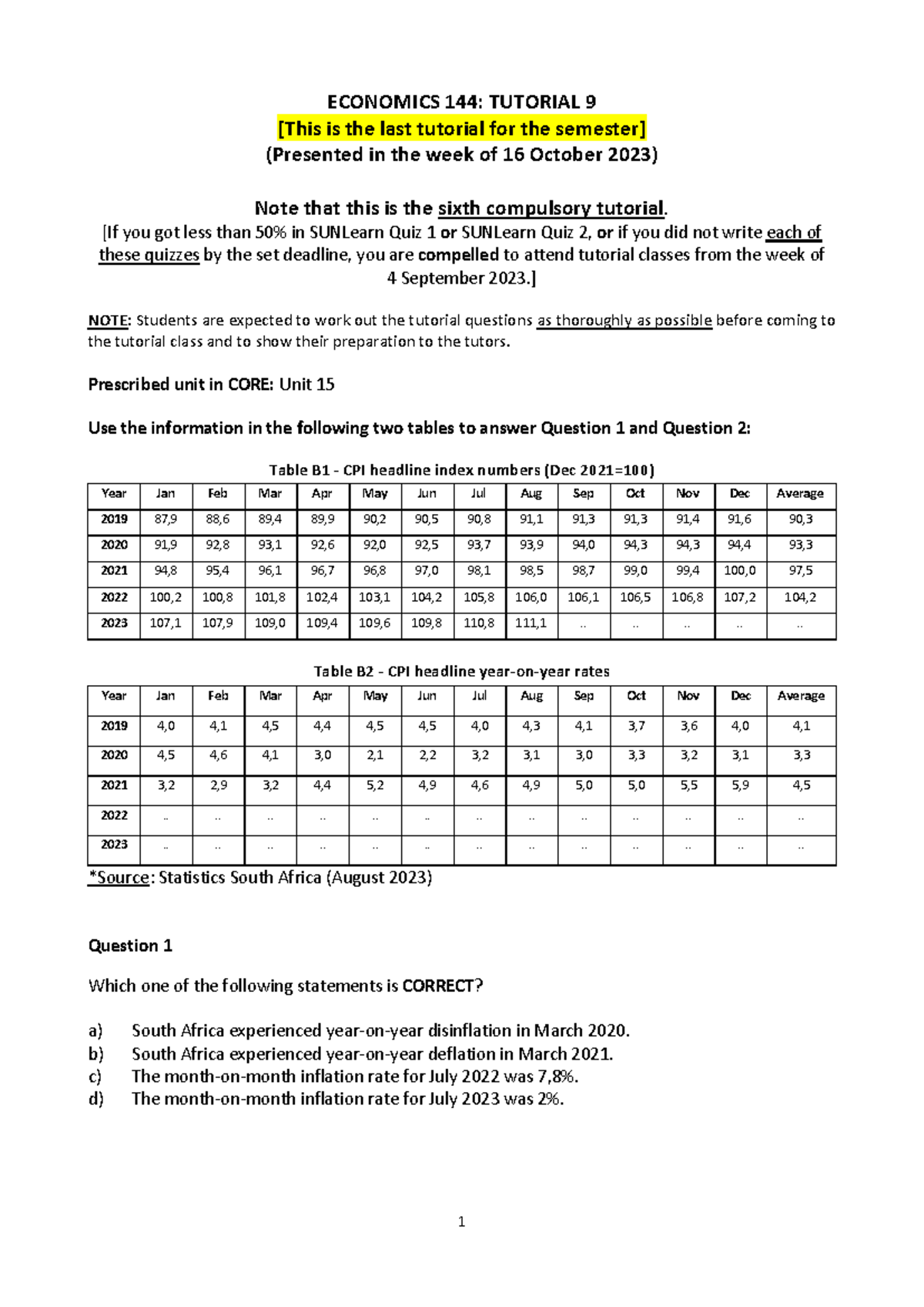 Economics 144 Tutorial 9 - Ekonomie 144 Tutoriaal 9 - ECONOMICS 144 ...