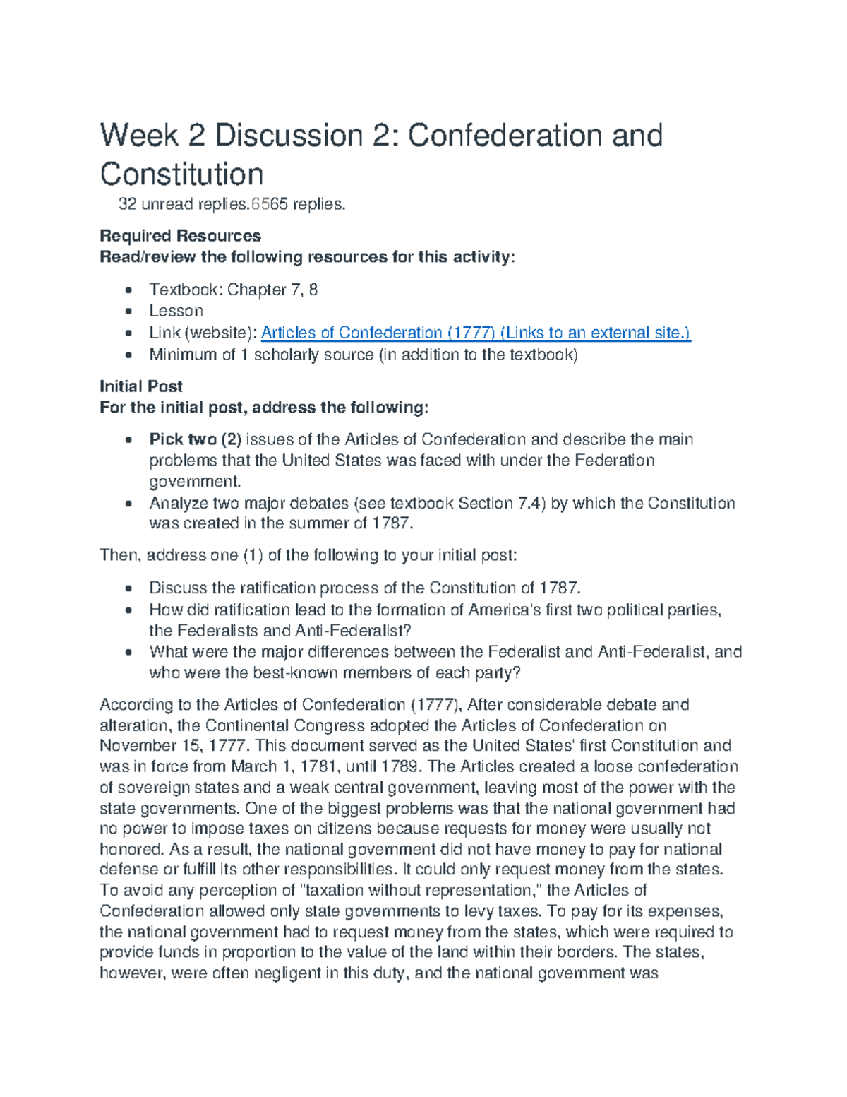 Document 1 - Week 2 Discussion 2 - Week 2 Discussion 2: Confederation ...