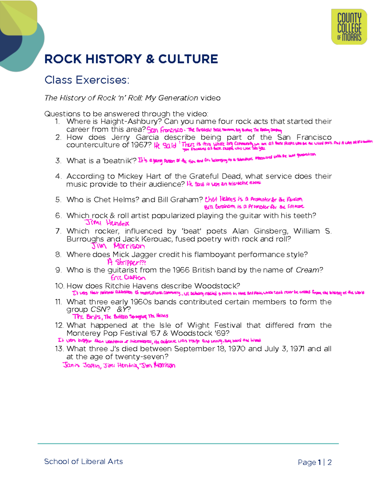 My Generation Worksheet - School of Liberal Arts Page 1 | 2 ROCK ...