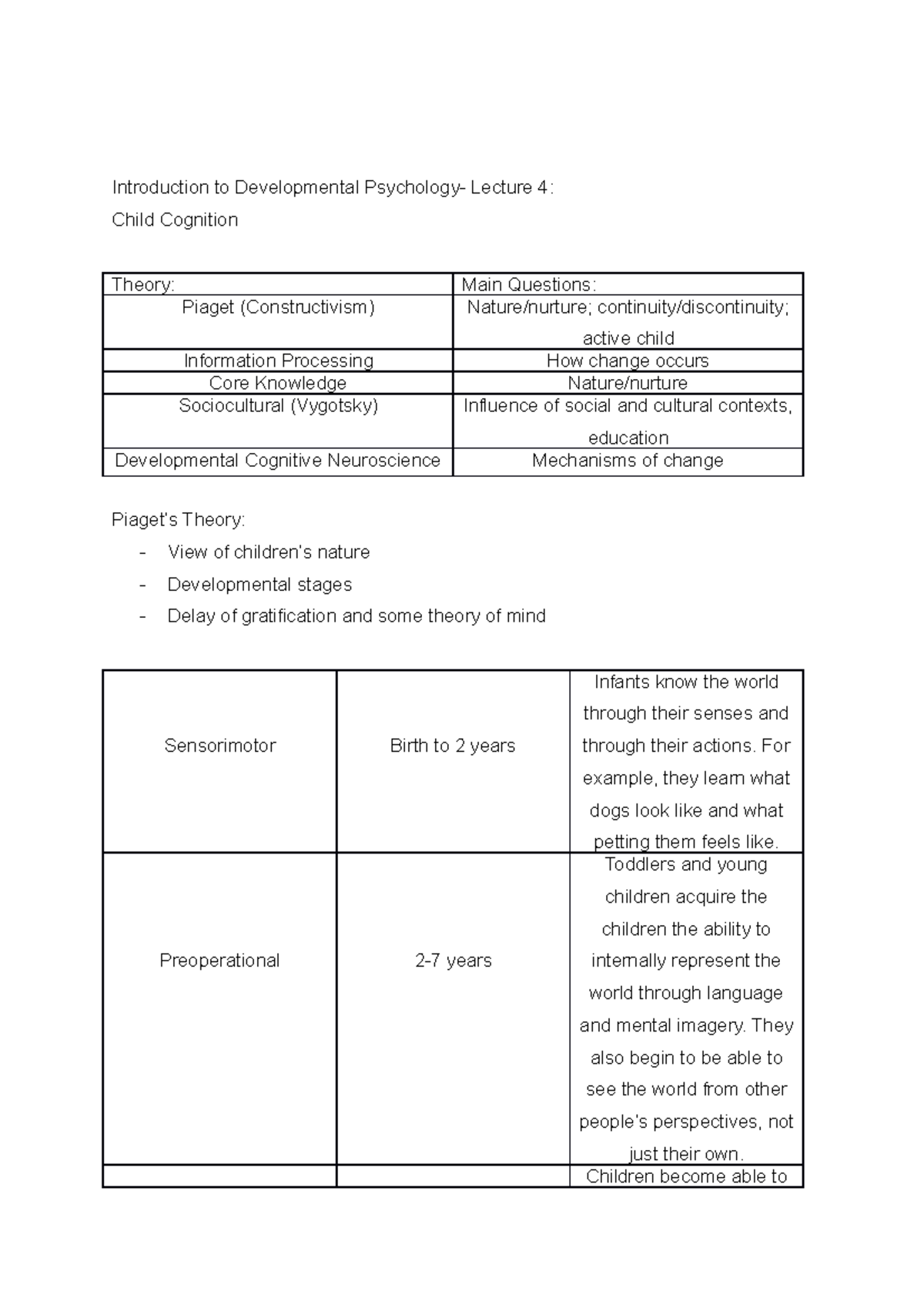 Lecture 4 - Summary of Child Cognition - Introduction to Developmental ...