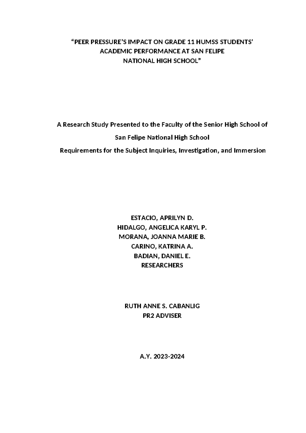 self determination - “PEER PRESSURE’S IMPACT ON GRADE 11 HUMSS STUDENTS' ACADEMIC PERFORMANCE AT ...