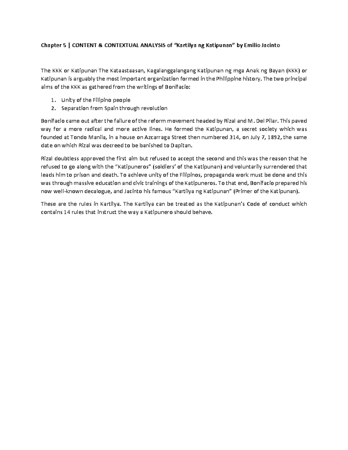 Chapter 5 “Kartilya ng Katipunan” by Emilio Jacinto - Chapter 5 | CONTENT & CONTEXTUAL ANALYSIS ...