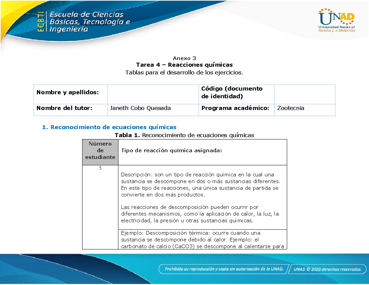 Anexo 3 quimica tarea 4 - Anexo 3 Tarea 4 – Reacciones químicas Tablas ...