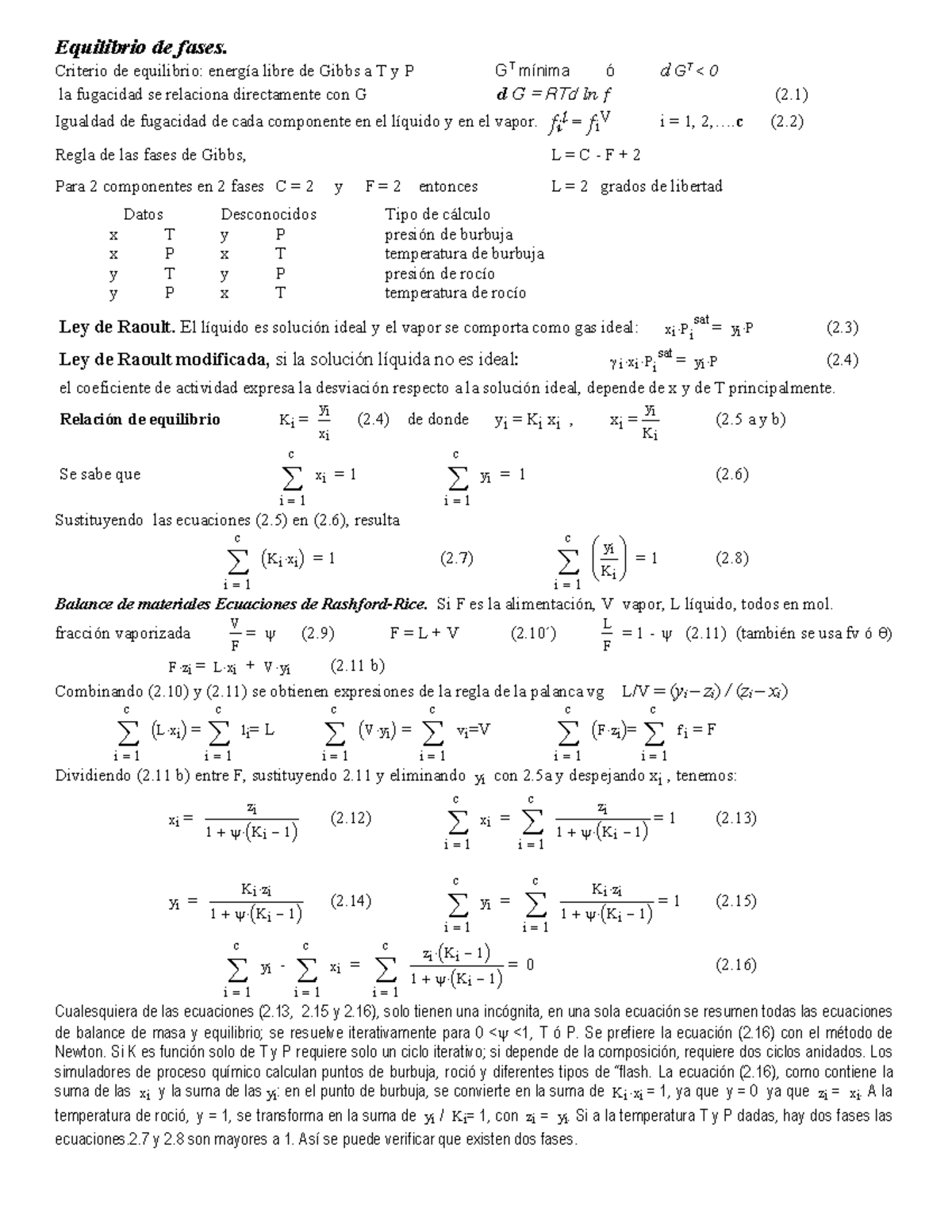 E L V y B. masa. K Rashford-Rice - Equilibrio de fases. Criterio de ...