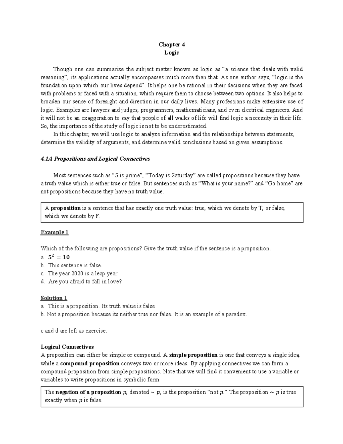 Chapter 4 - Mathematics in Modern World - Chapter 4 Logic Though one ...