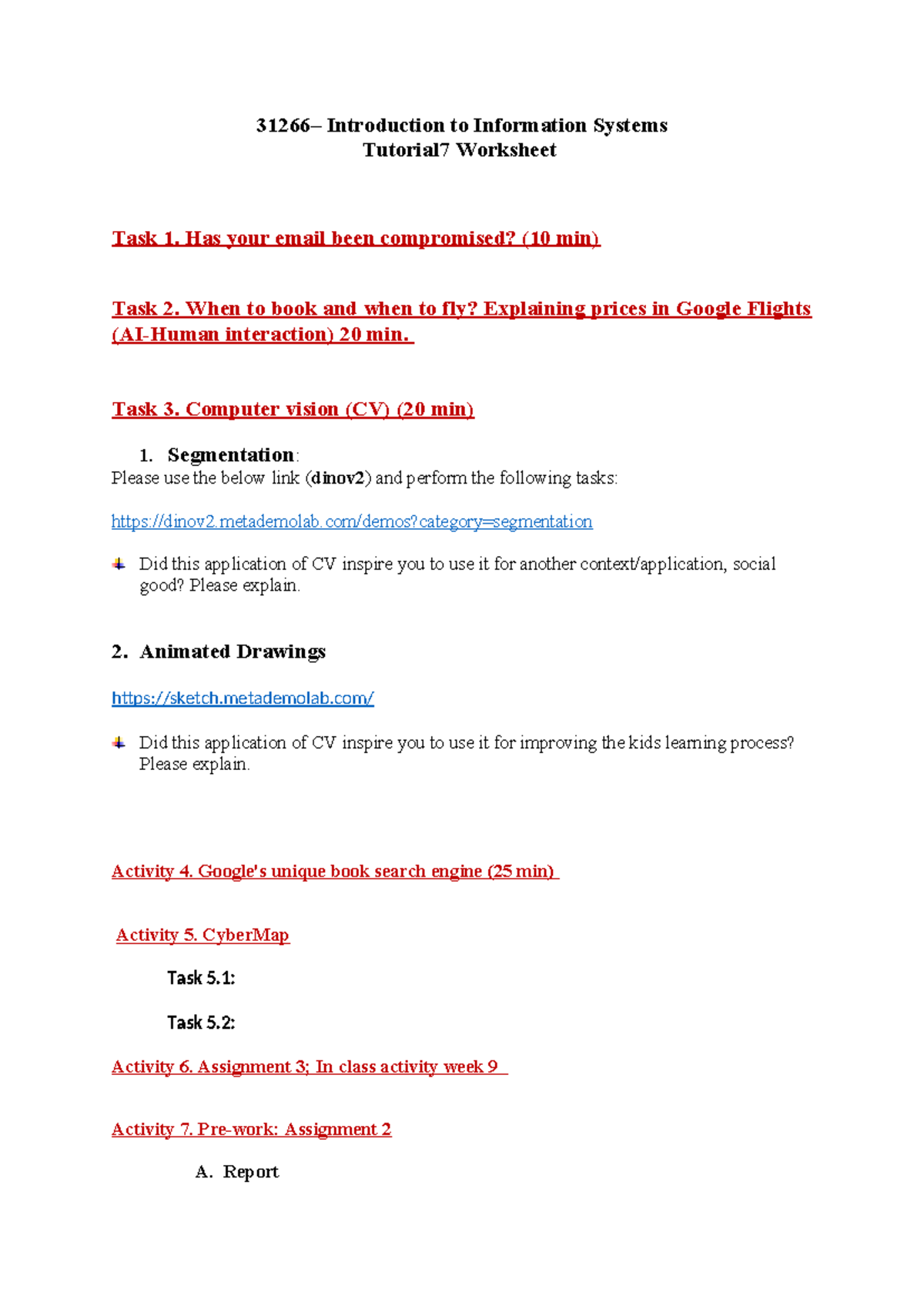 Week9-worksheet-4 - Week9 - 31266– Introduction to Information Systems Tutorial7 Worksheet Task ...