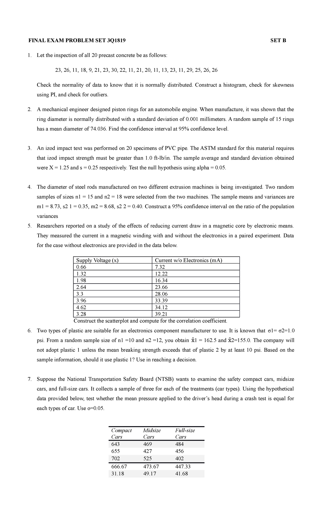 Sample/practice exam 2018, questions - FINAL EXAM PROBLEM SET 3Q1819 ...