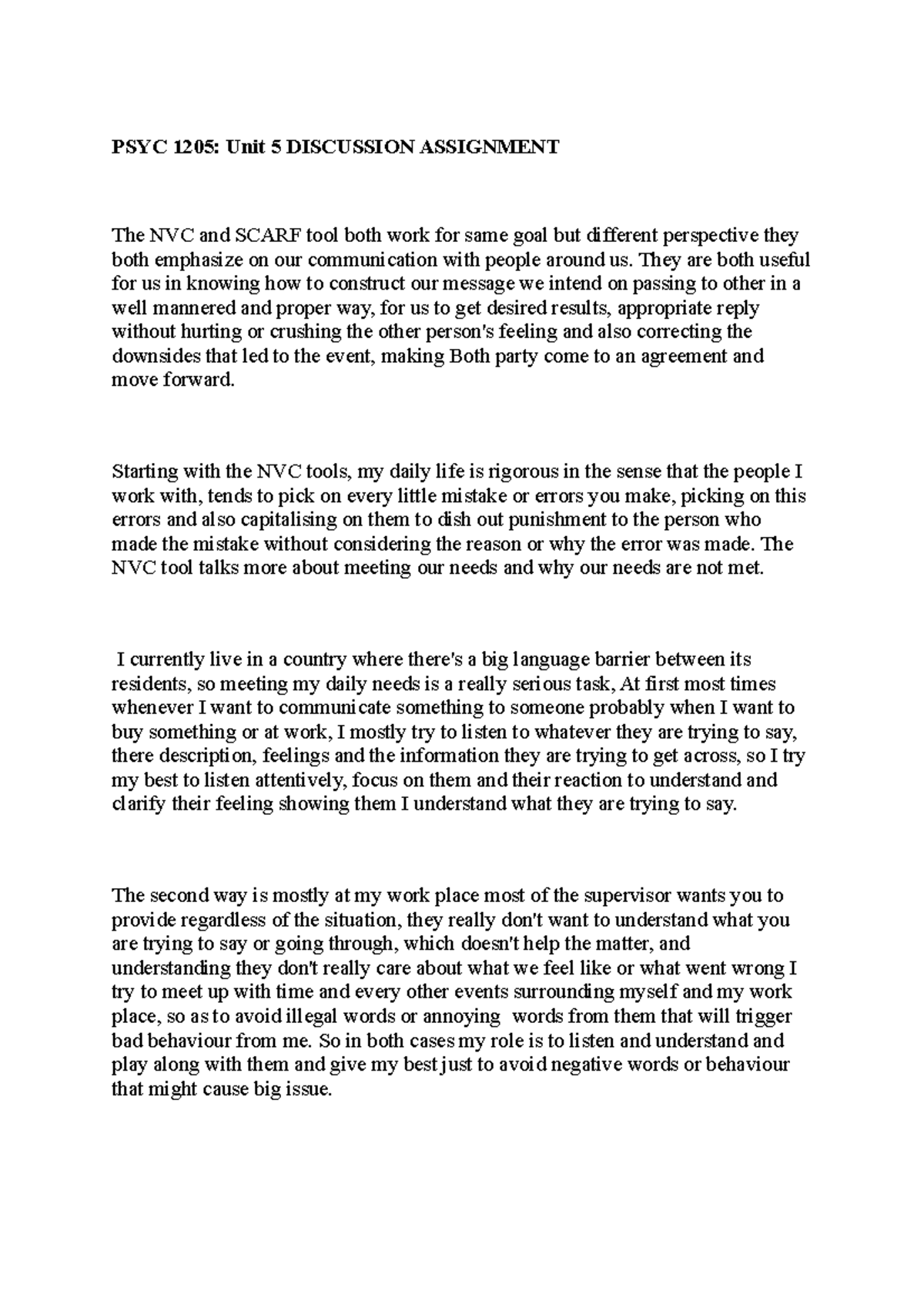 PSYC 1205 UNIT 5 DF Assignment Number 24 - PSYC 1205: Unit 5 DISCUSSION ASSIGNMENT The NVC and ...