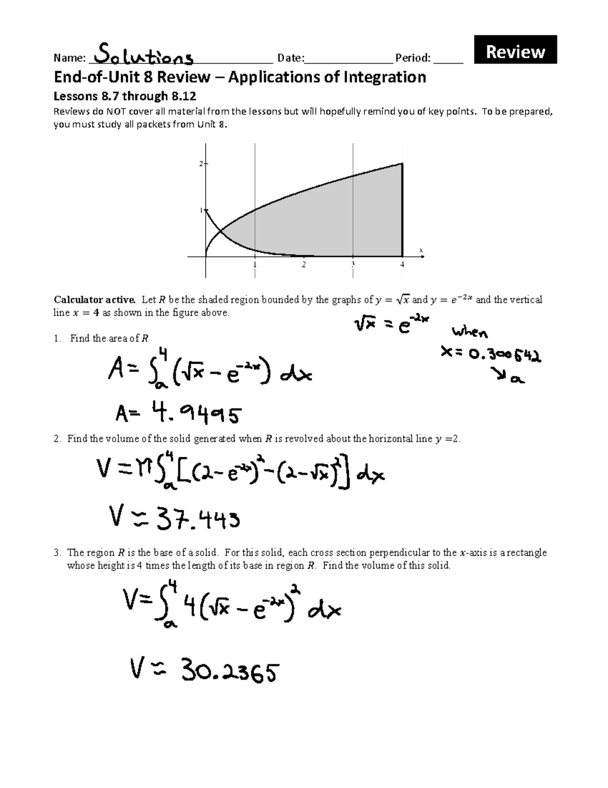 Calc end-of-unit 8 review solutions - Name ...