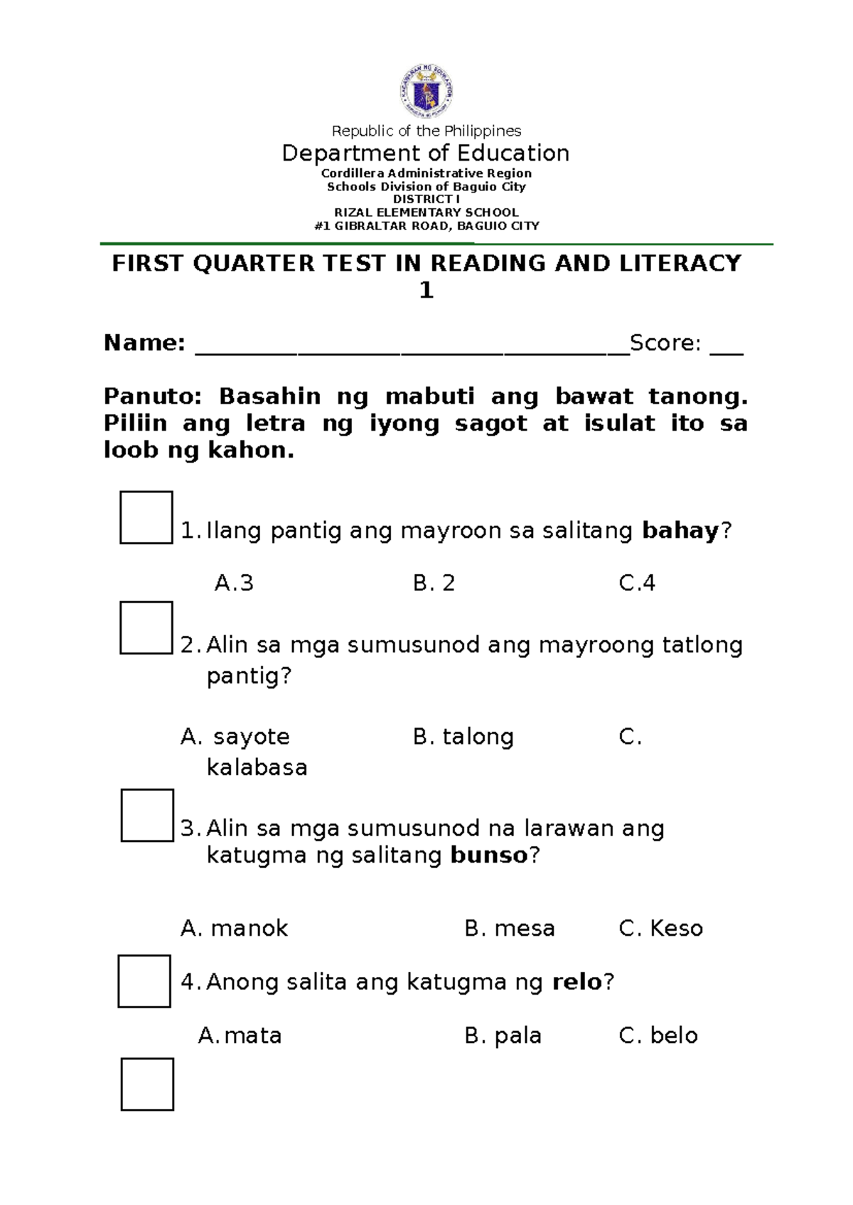 Reading AND Literacy Q1 - Republic of the Philippines Department of ...