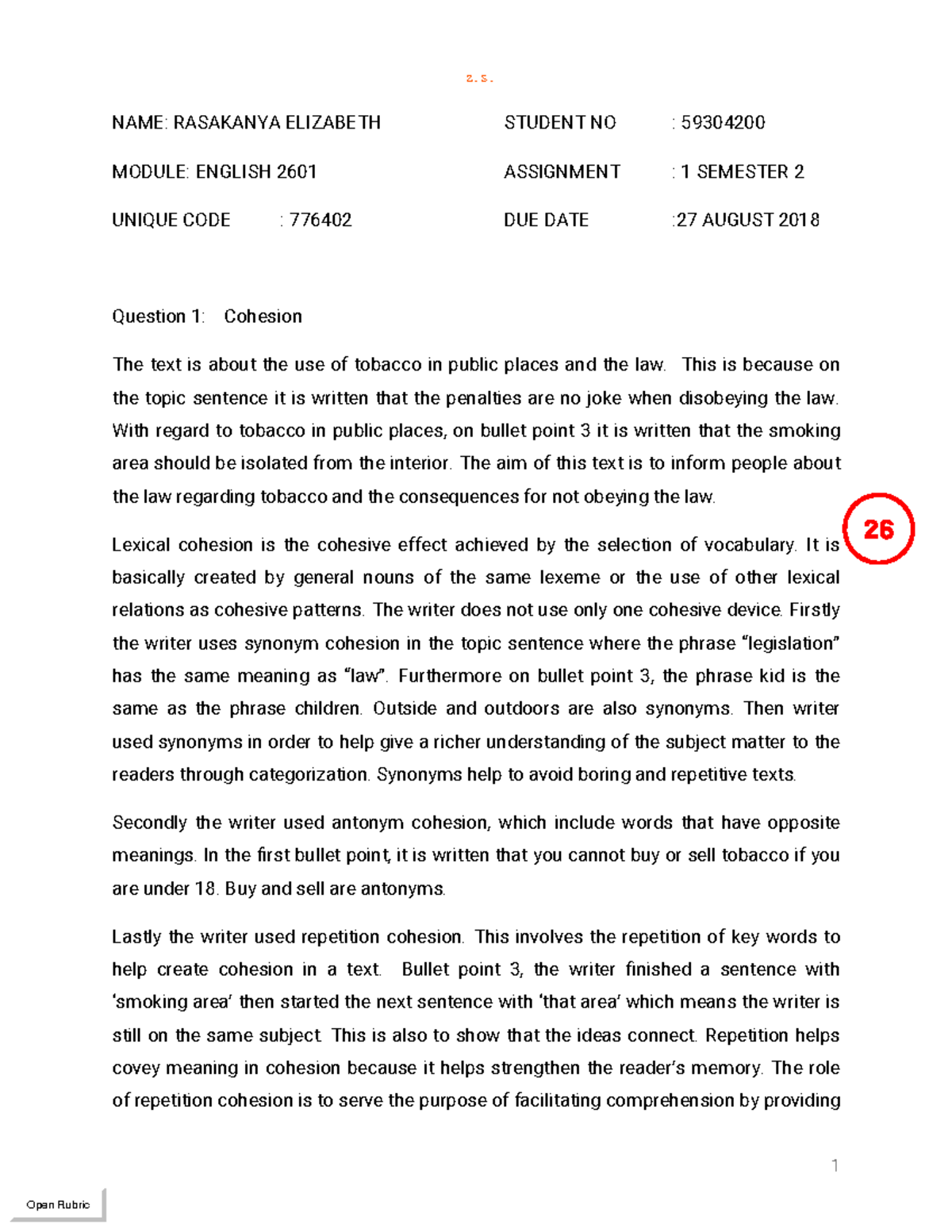 View Marked Assignment 4 (1) - 1 NAME: RASAKANYA ELIZABETH STUDENT NO ...