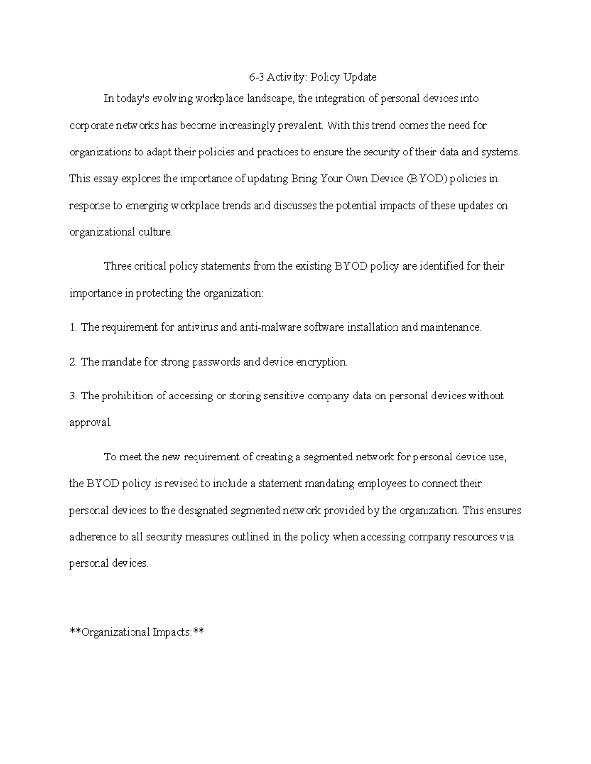 CYB 250 Mod Six Activity Joshua Davis - 6-3 Activity: Policy Update In ...