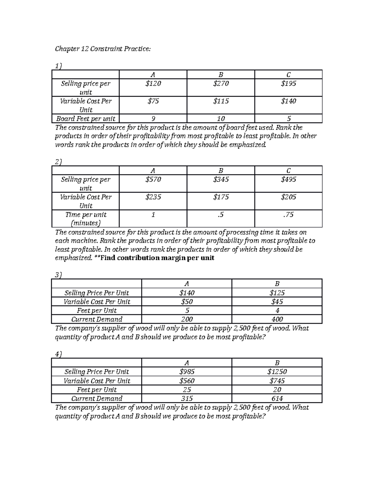Chapter 12 Extra Practice - Chapter 12 Constraint Practice: A B C Selling price per unit $120 ...