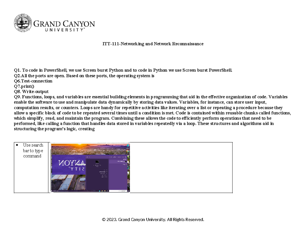 ITT-111-Networking and Network Reconnaissance - To code in PowerShell, we use Screen burst ...