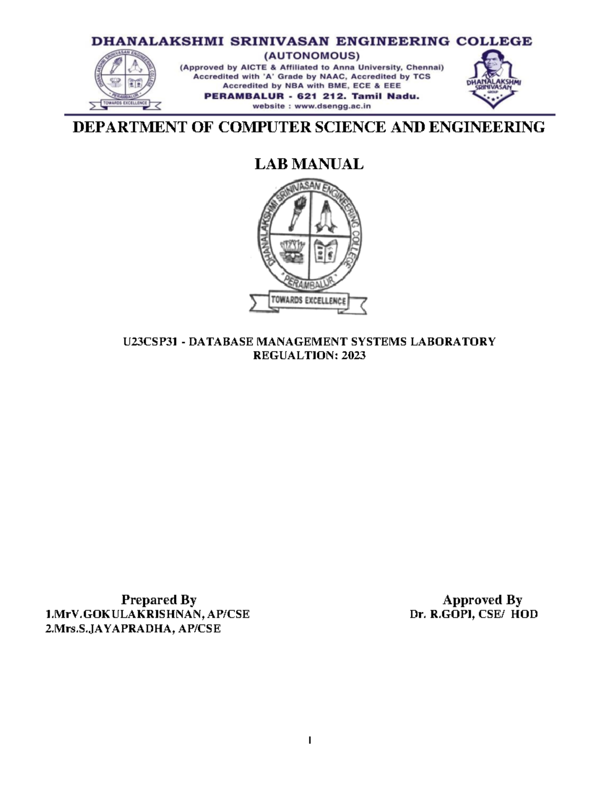 U23CSP31- Database Management Systems Laboratory LAB Manual - DEPARTMENT OF COMPUTER SCIENCE AND ...