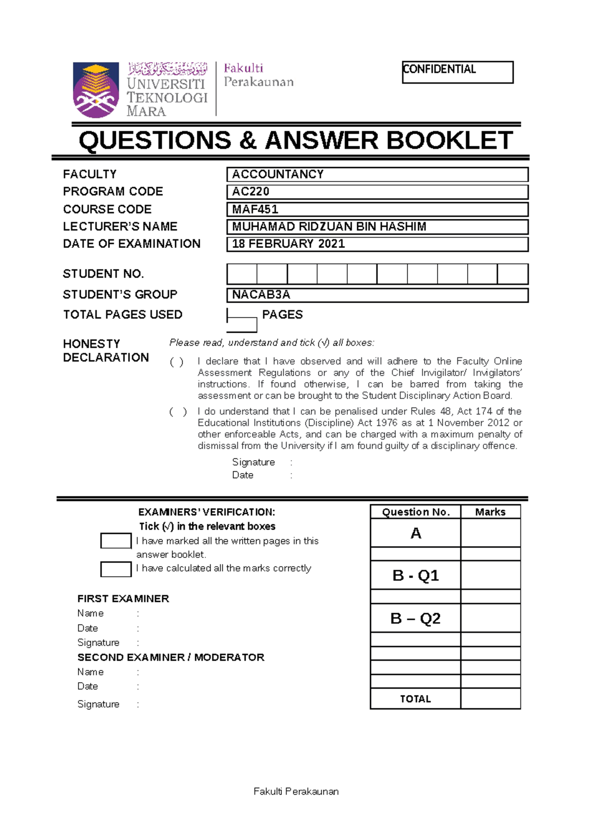 MAF451 FEB 2021 Q - Past year question MAF415 FEB2021 - QUESTIONS & ANSWER BOOKLET FACULTY - Studocu