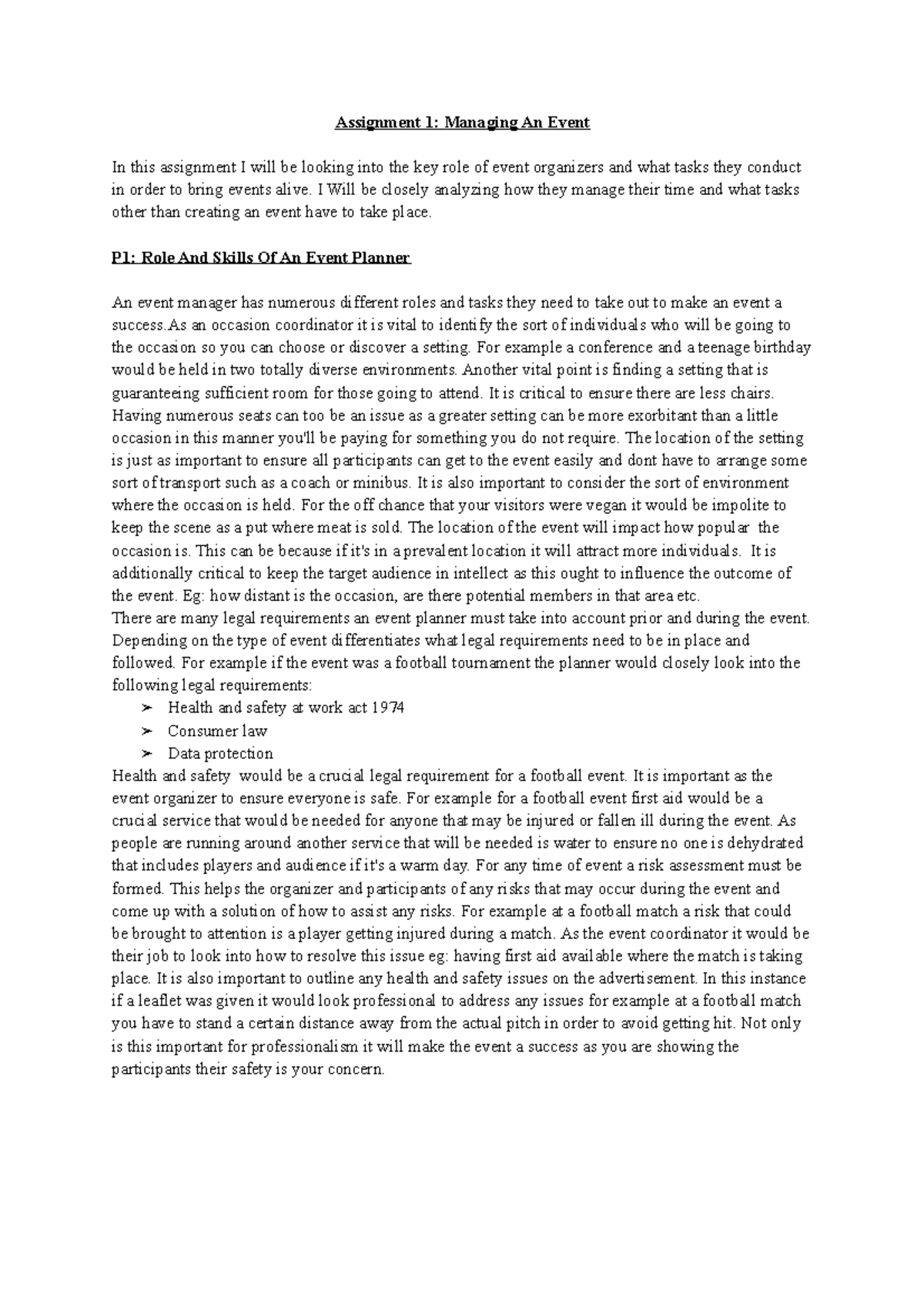 Assignment 1 unit 4 - Assignment 1: Managing An Event In this assignment I will be looking into ...