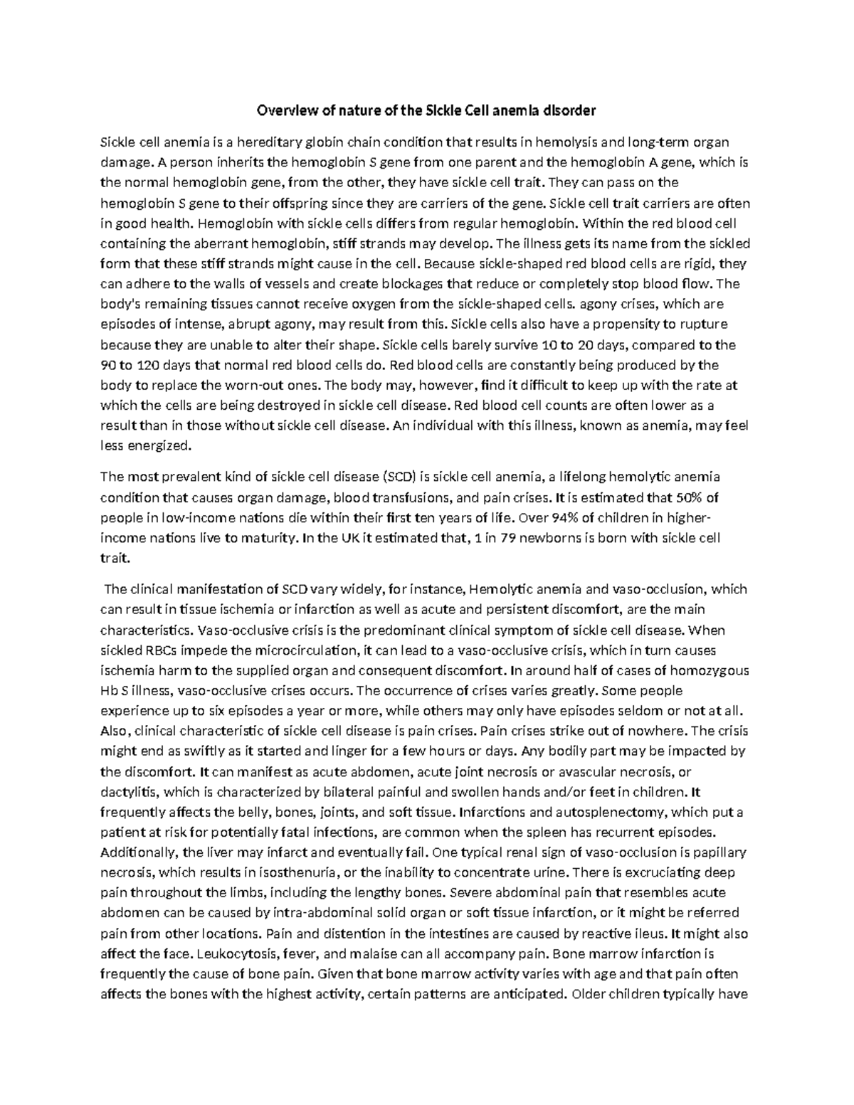 Overview of nature of the Sickle Cell anemia disorder - A person ...