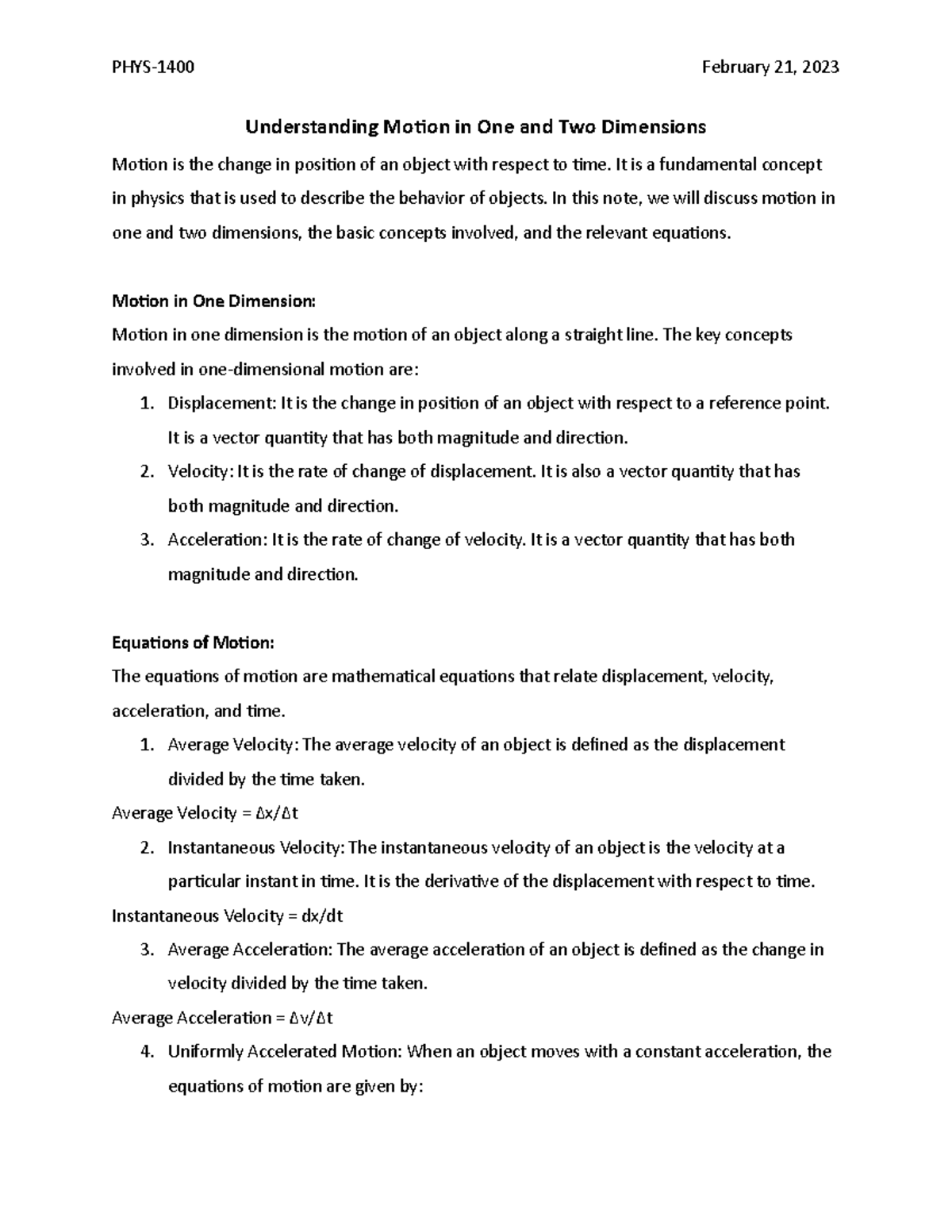 Motion In One And Two Dimensions It Is A Fundamental Concept In