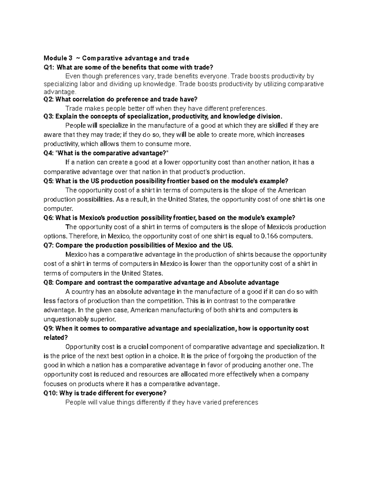 Module 3 - Module 3 ~ Comparative advantage and trade Q1: What are some ...