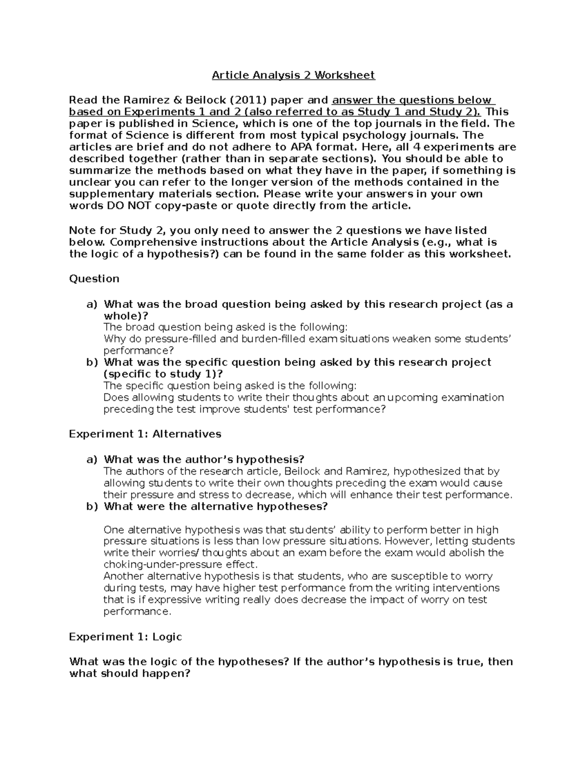 Psych 10 - Professor Clark - Article Analysis 2 worksheet - Article ...