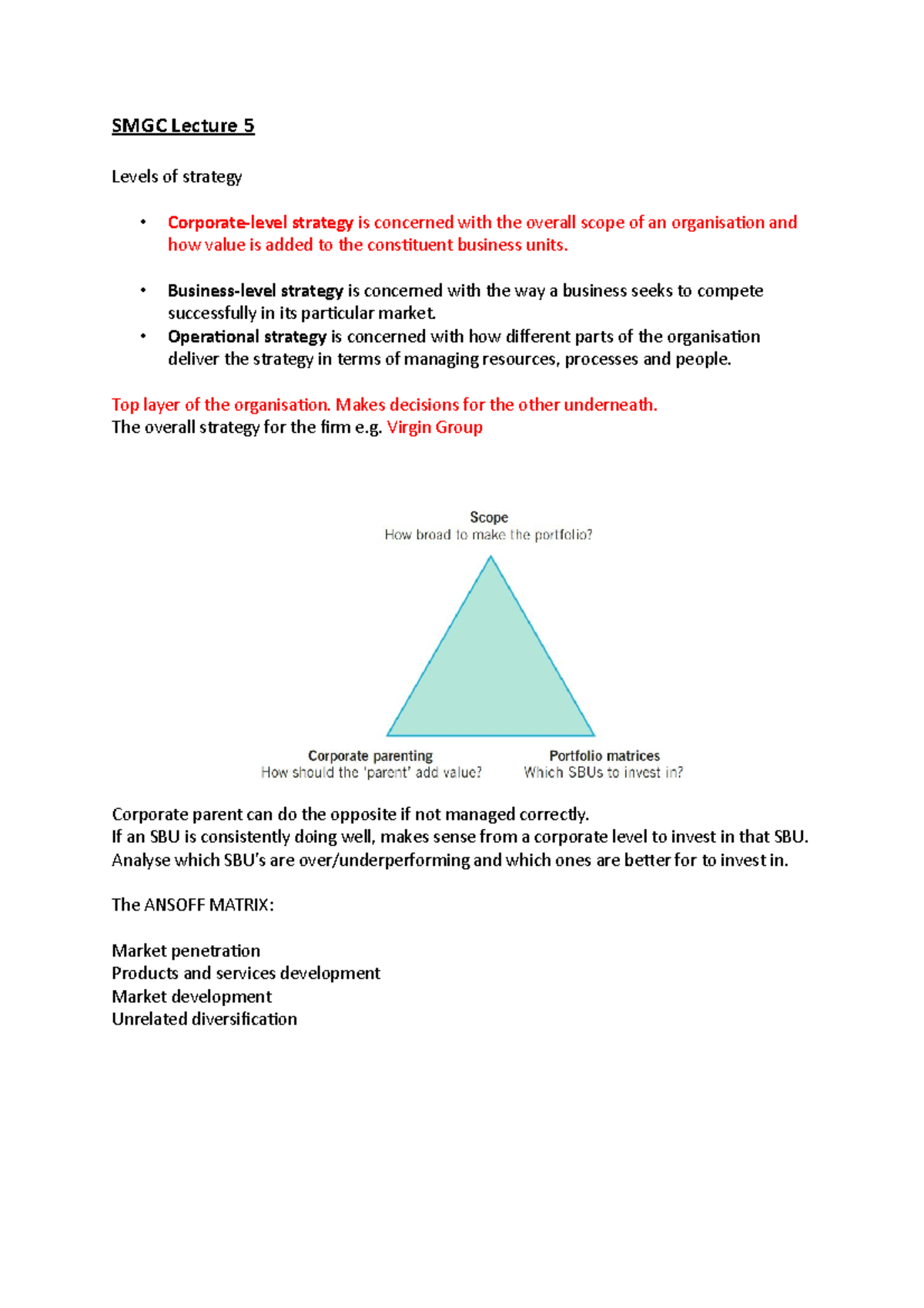 SMGC - Corporate Strategies - SMGC Lecture 5 Levels of strategy ...