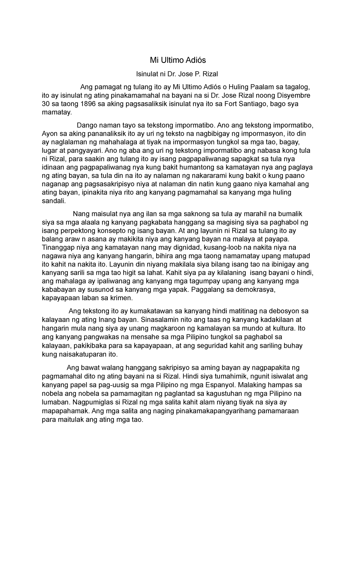 Yanna - ambns - Mi Ultimo Adiós Isinulat ni Dr. Jose P. Rizal Ang ...