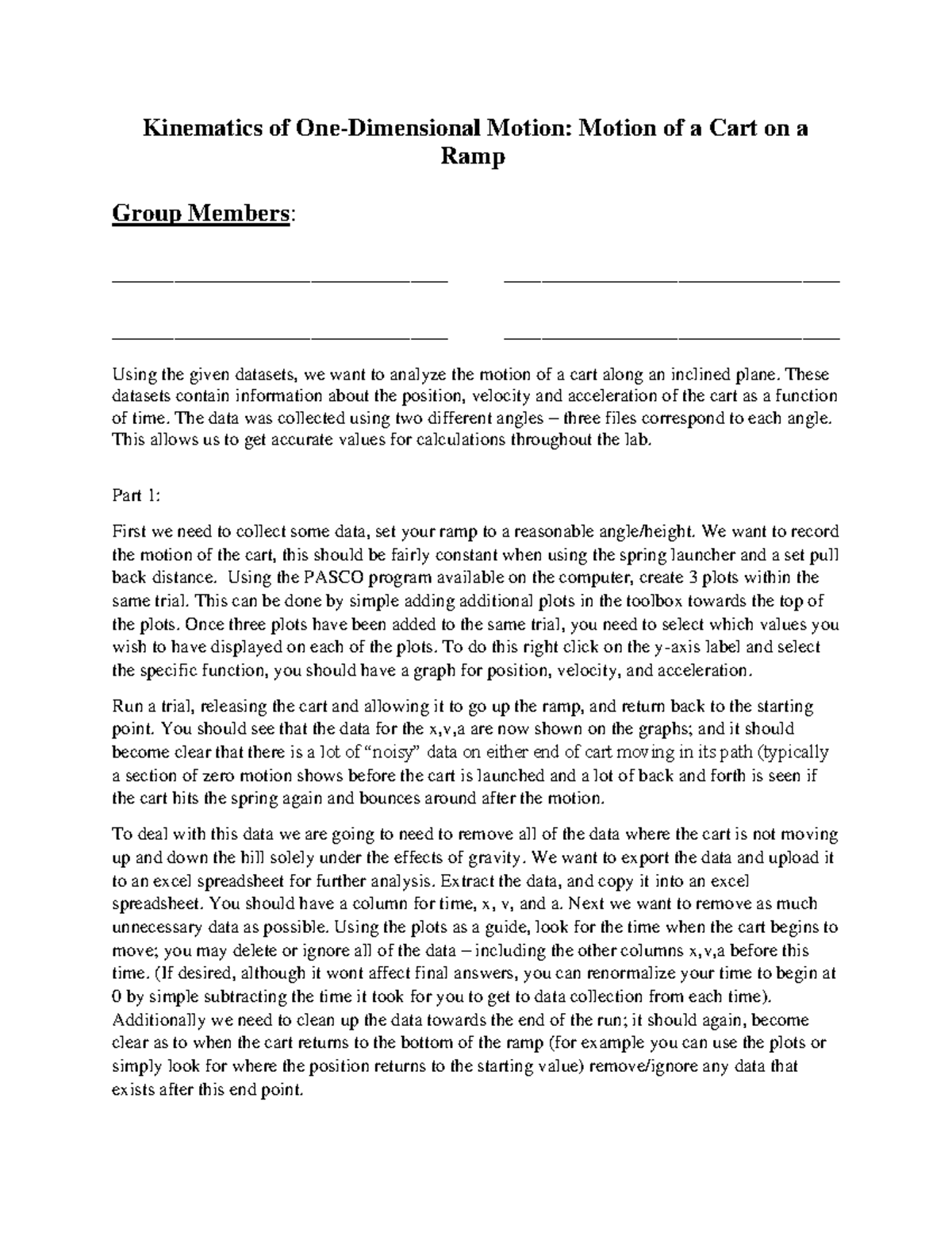 PHYS 101 Lab 2 Kinematics of One-Dimensional Motion Worksheet ...