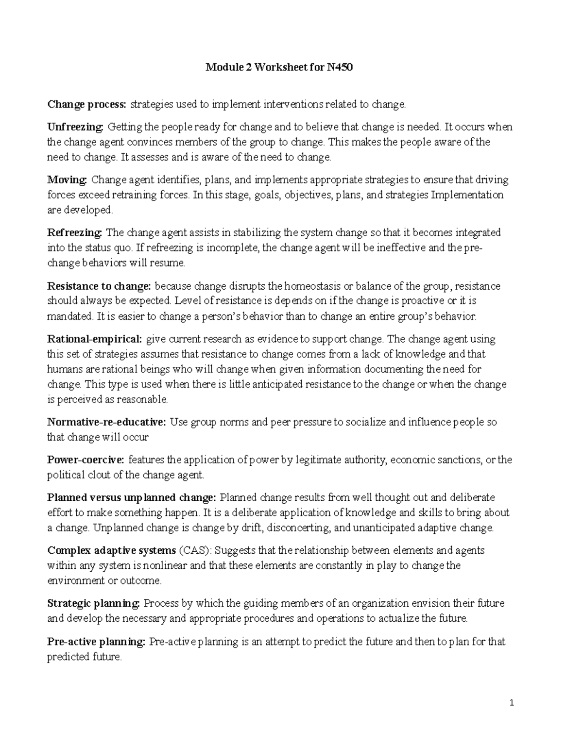 Module 2 Worksheet for N450 - Module 2 Worksheet for N Change process ...