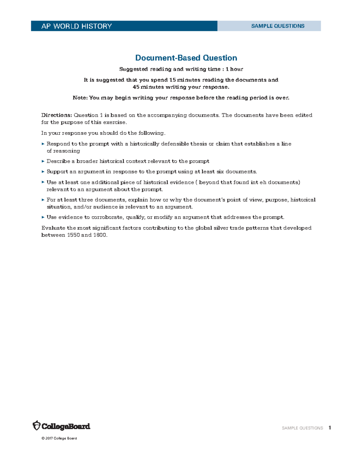 Silver DBQ Docs - PRACTICE - AP WORLD HISTORY SAMPLE QUESTIONS Document ...