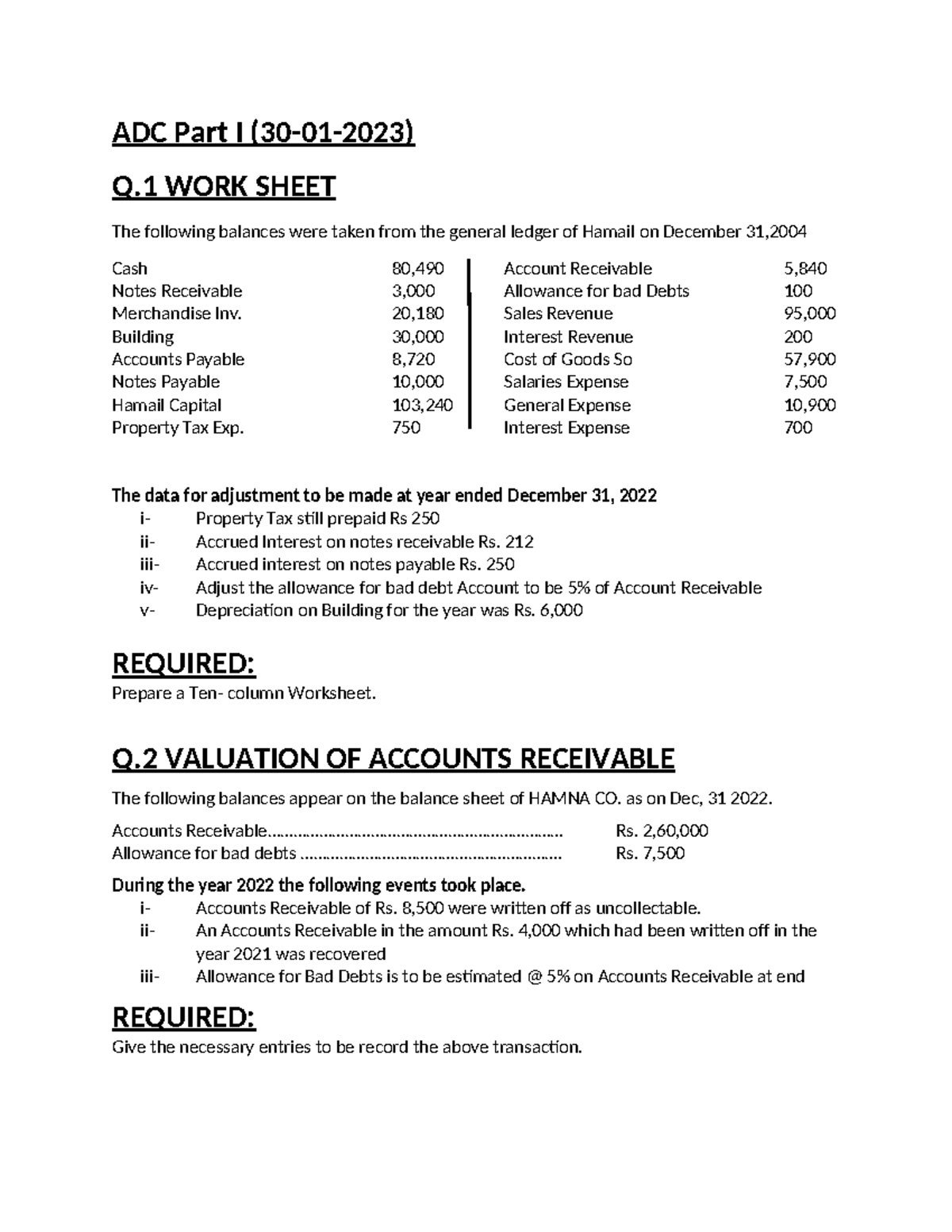 Accounts Receivable & Work Sheet - ADC Part I (30-01-2023) Q WORK SHEET ...