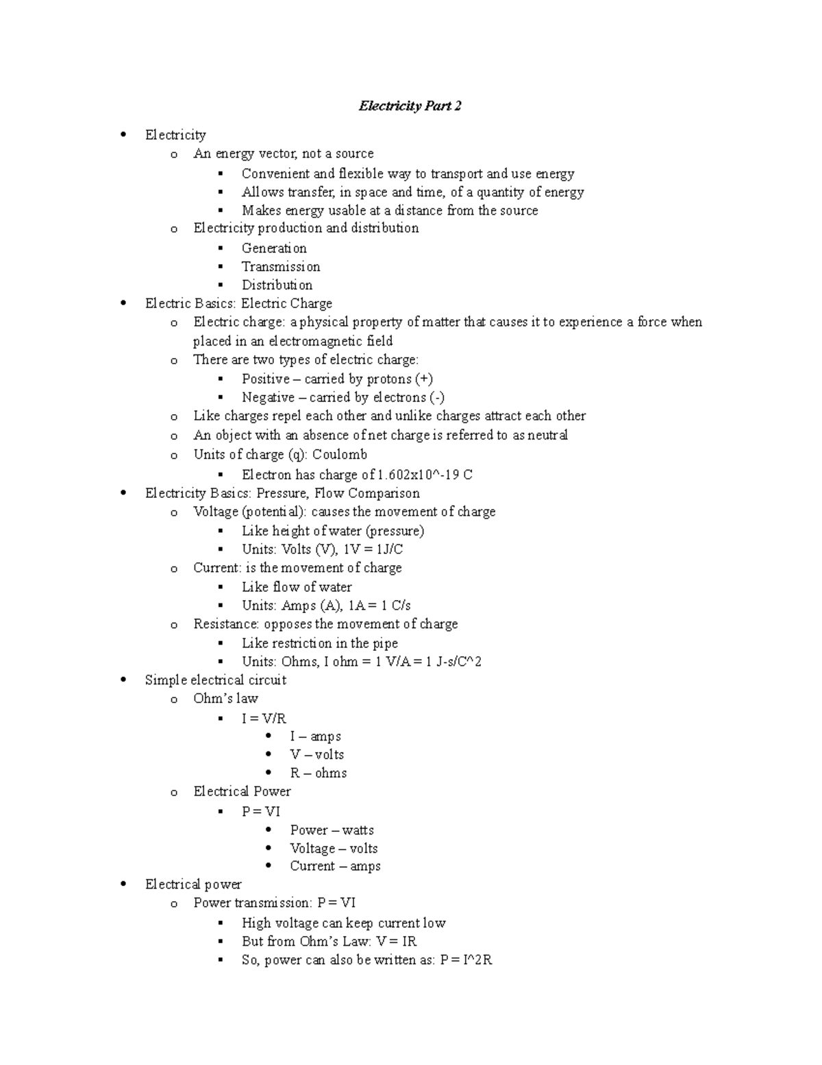 Lecture 17: Electricity Part 2 - Electricity Part 2 Electricity o An ...