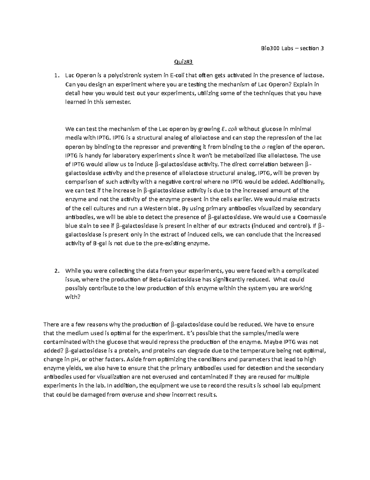 Quiz3 - Lab quiz #3 (Razib) - Bio300 Labs – section 3 Quiz# Lac Operon ...