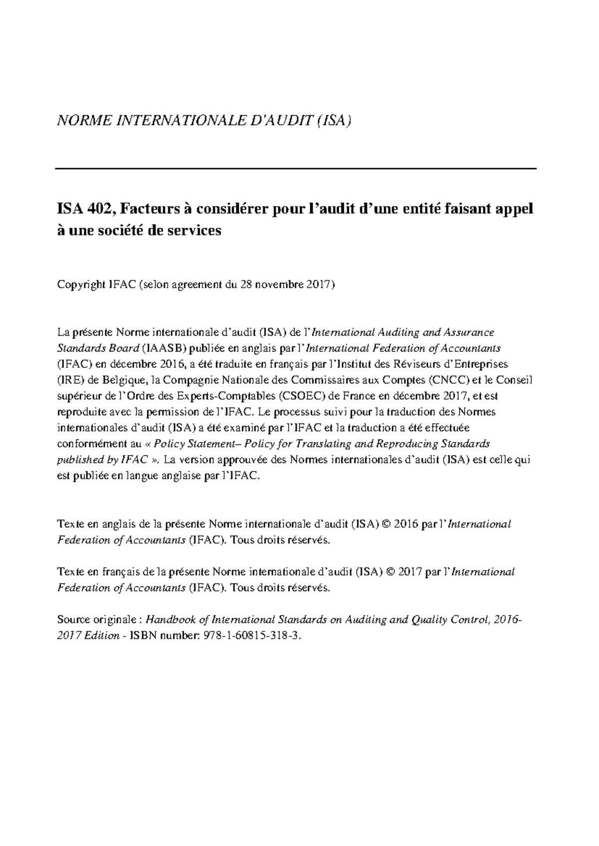 Isa 402 fr 2016 2017 clean - NORME INTERNATIONALE D'AUDIT (ISA) ISA 402 ...