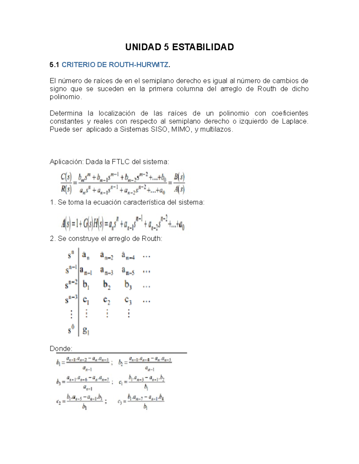 Unidad-5-estabilidad - UNIDAD 5 ESTABILIDAD 5 CRITERIO DE ROUTH-HURWITZ ...
