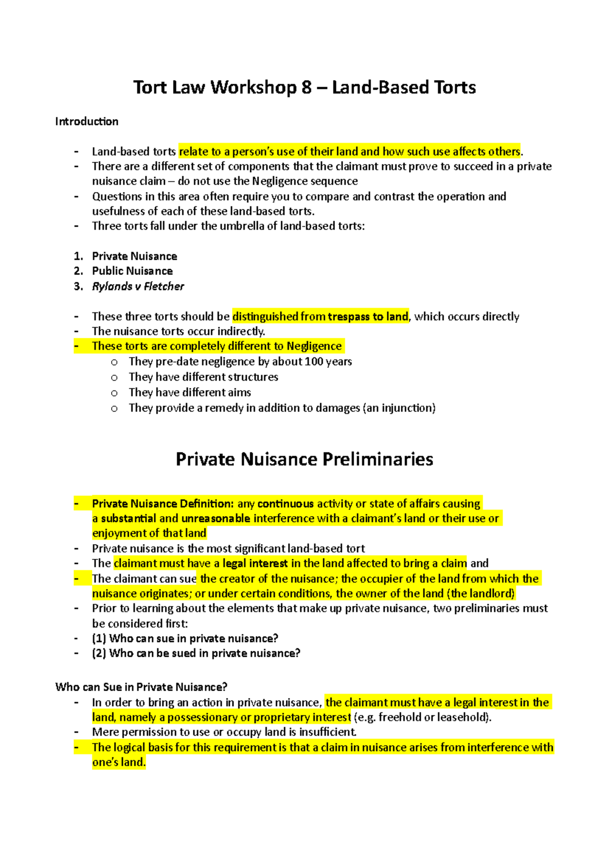 Prepare Work - Tort Law Workshop 8 – Land-Based Torts Introduction Land ...