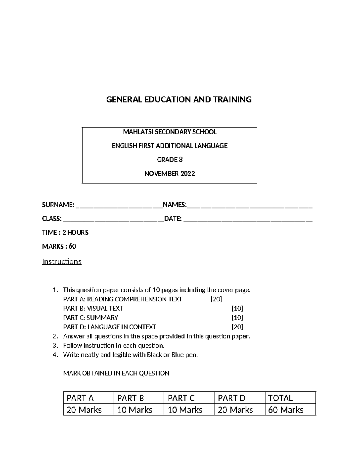 English Question Paper Grade 8 - GENERAL EDUCATION AND TRAINING ...