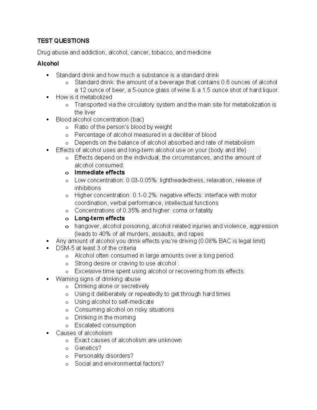 TEST Questions Personal health - TEST QUESTIONS Drug abuse and ...