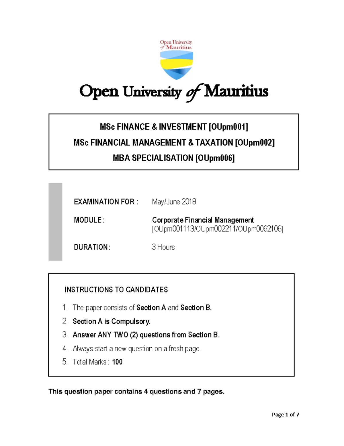 Corporate Financial Management - Open University of Mauritius MSc ...