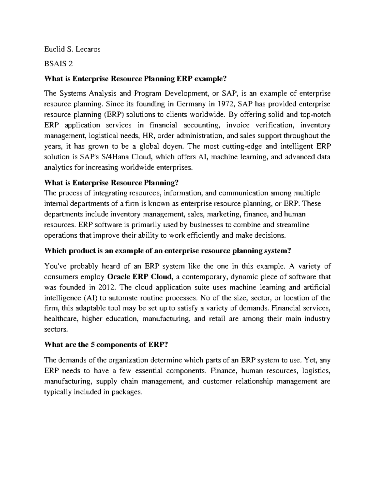 Chapter 1 - ssa - Euclid S. Lecaros BSAIS 2 What is Enterprise Resource ...